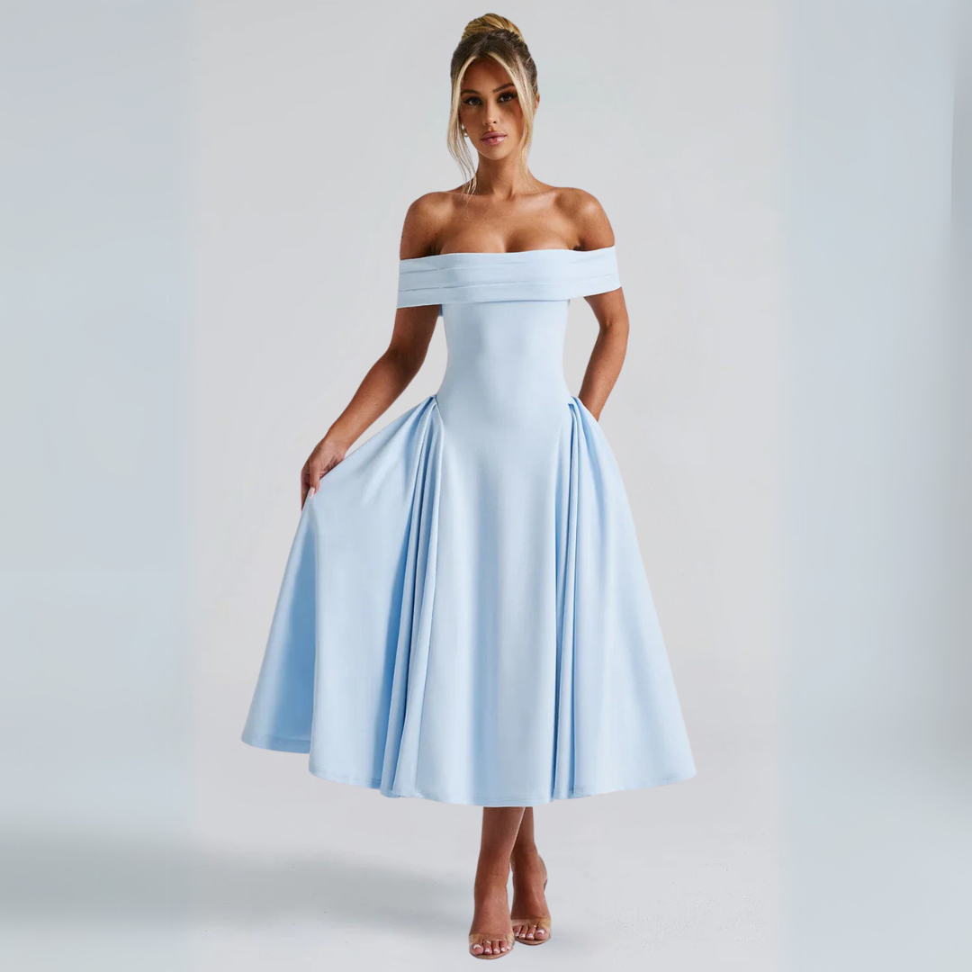 Elegantes blaues Midi-Kleid für Damen - Belina – BerlinGlamour